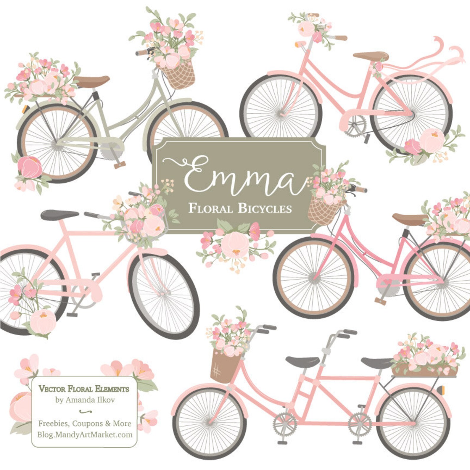Emma Floral Bicycle Clipart & Vectors in Soft Pink - Rose Bicycles ...