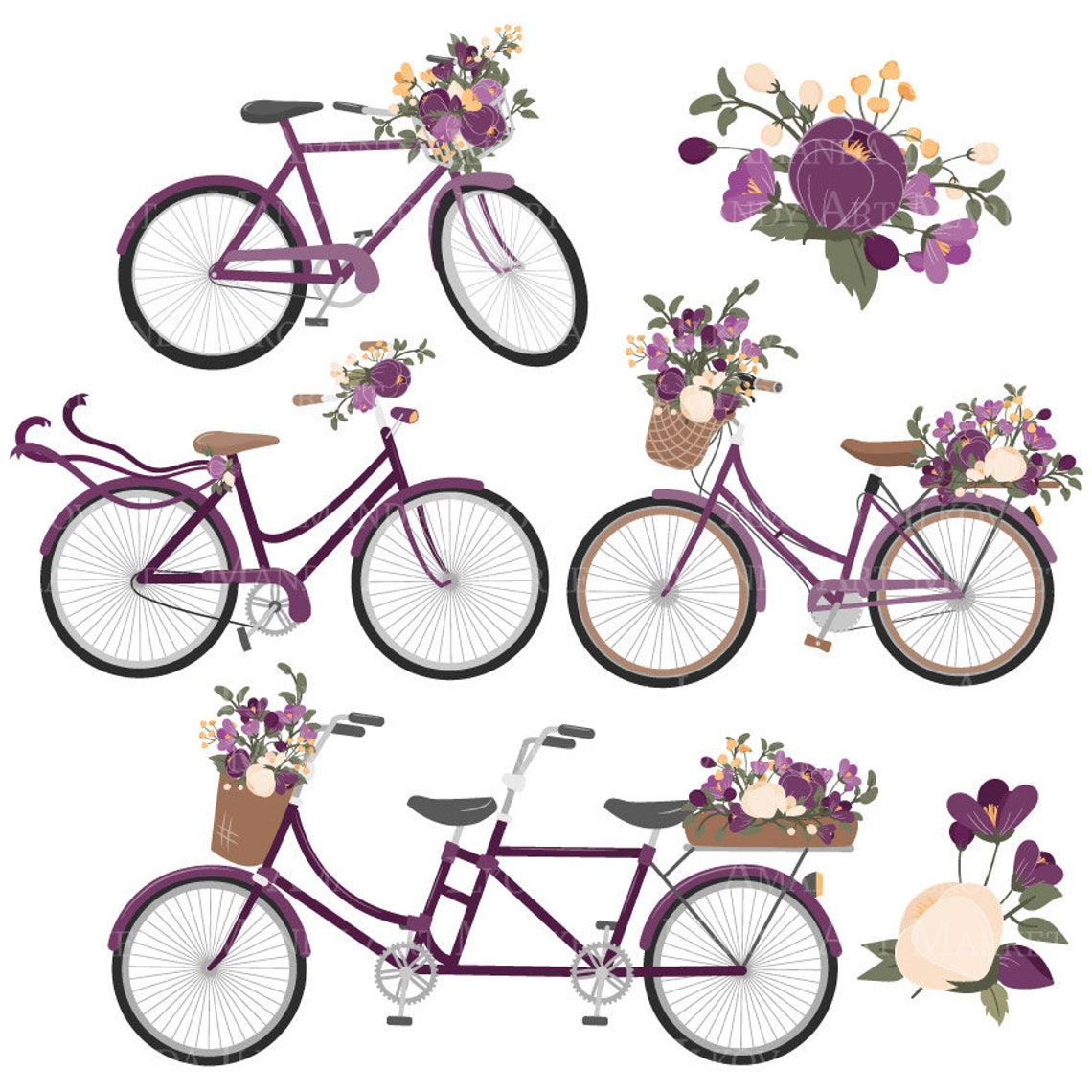 Emma Floral Bicycle Clipart & Vectors in Plum Plum Bicycles - Etsy
