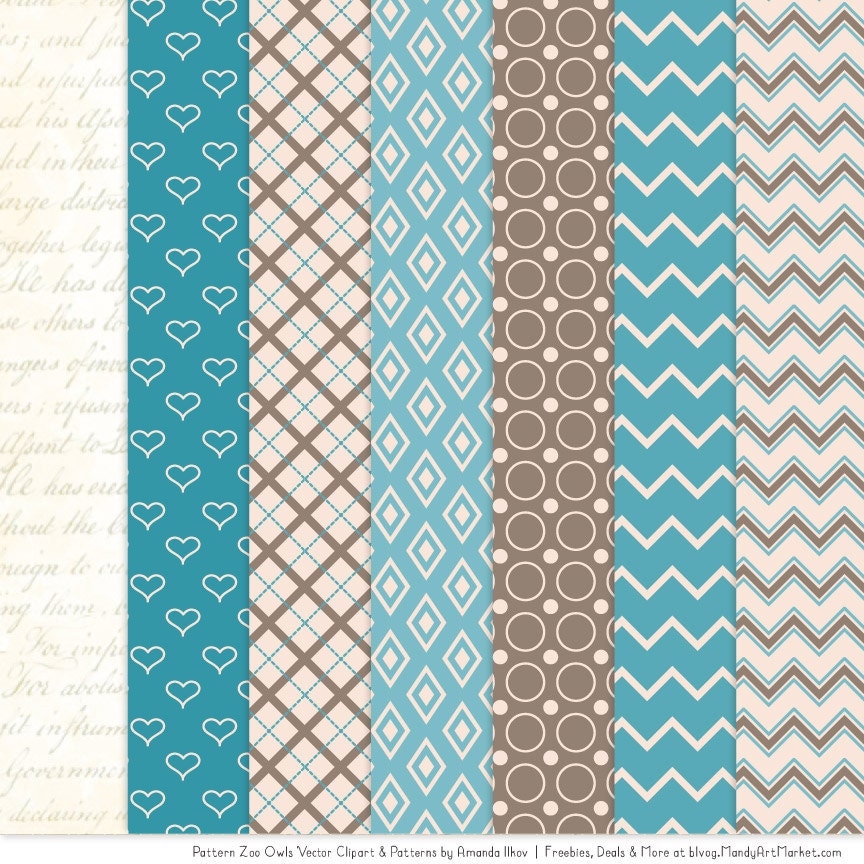 Patterned Vintage Blue Owls Clipart and Digital Papers Teal | Etsy