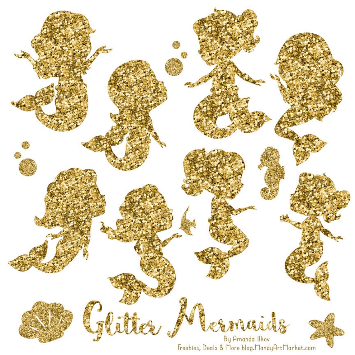 Cute Glitter Mermaids Clipart Gold Mermaid Glitter Clipart - Etsy