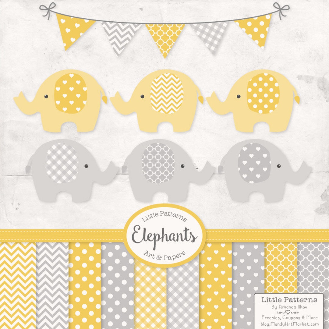 Premium Elephant Clipart, Vectors & Digital Papers in Sunshine Yellow ...