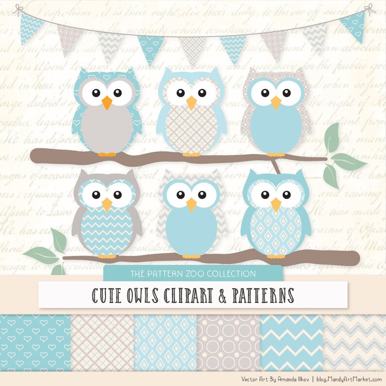 Patterned Soft Blue Owls Clipart and Digital Papers Soft - Etsy