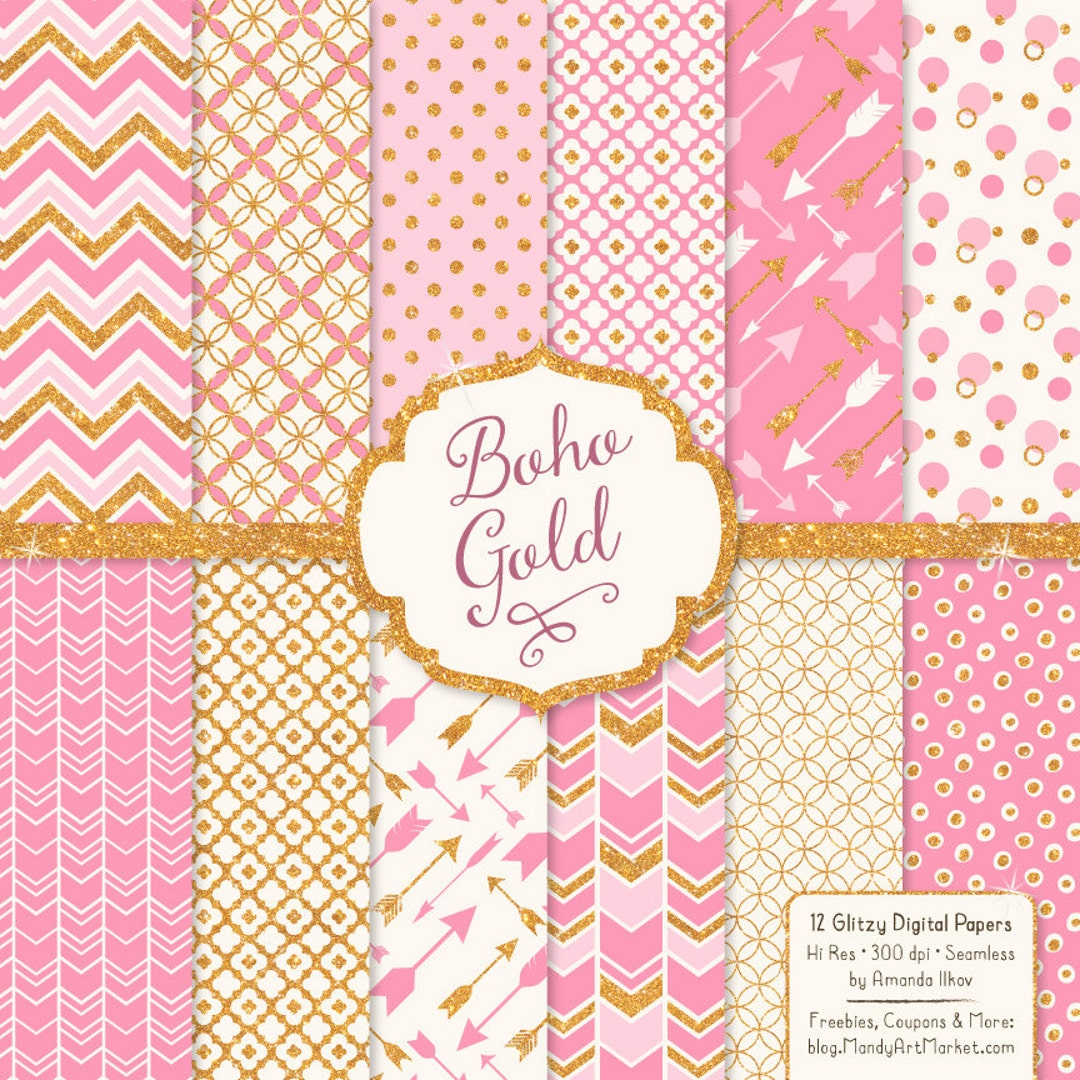 Premium Boho Gold Glitter Digital Paper in Pink - Gold Digital Paper ...