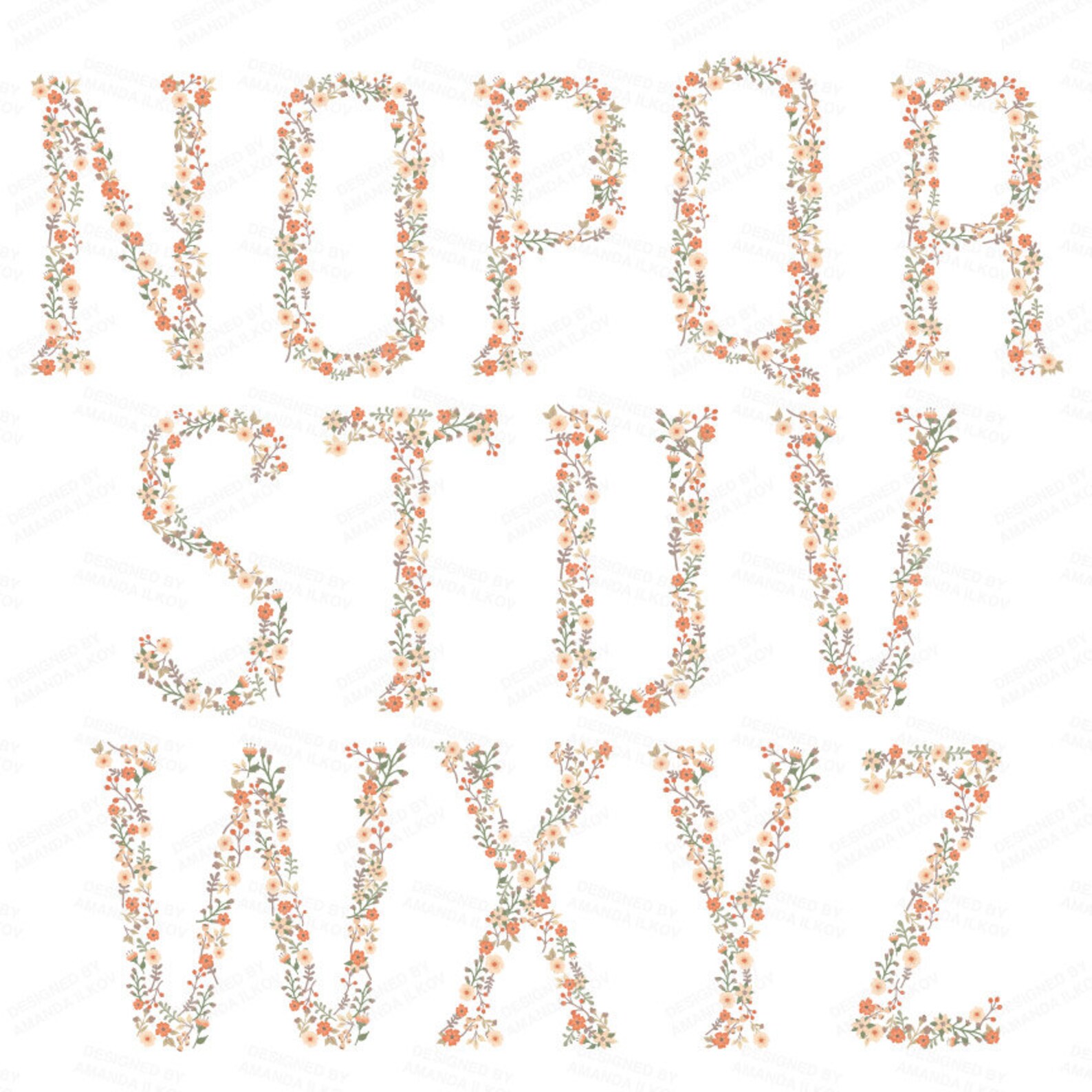 Professional Floral Alphabet Clipart & Vectors Peach Floral - Etsy