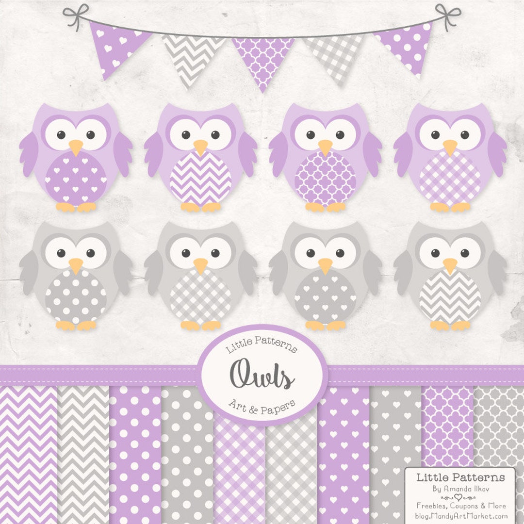 Premium Owl Clipart, Vectors & Digital Papers in Lavender With Grey ...