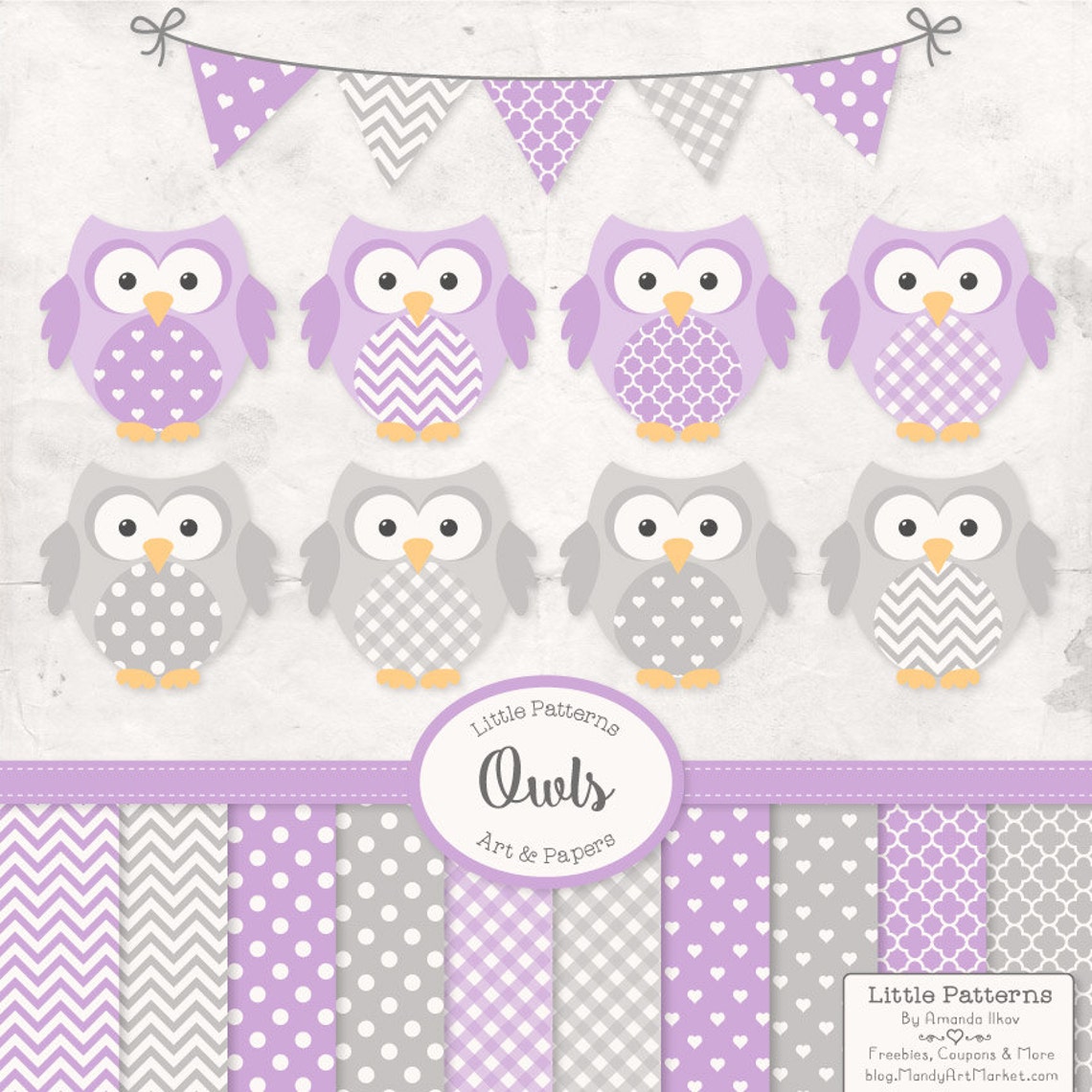 Premium Owl Clipart, Vectors & Digital Papers in Lavender With Grey ...