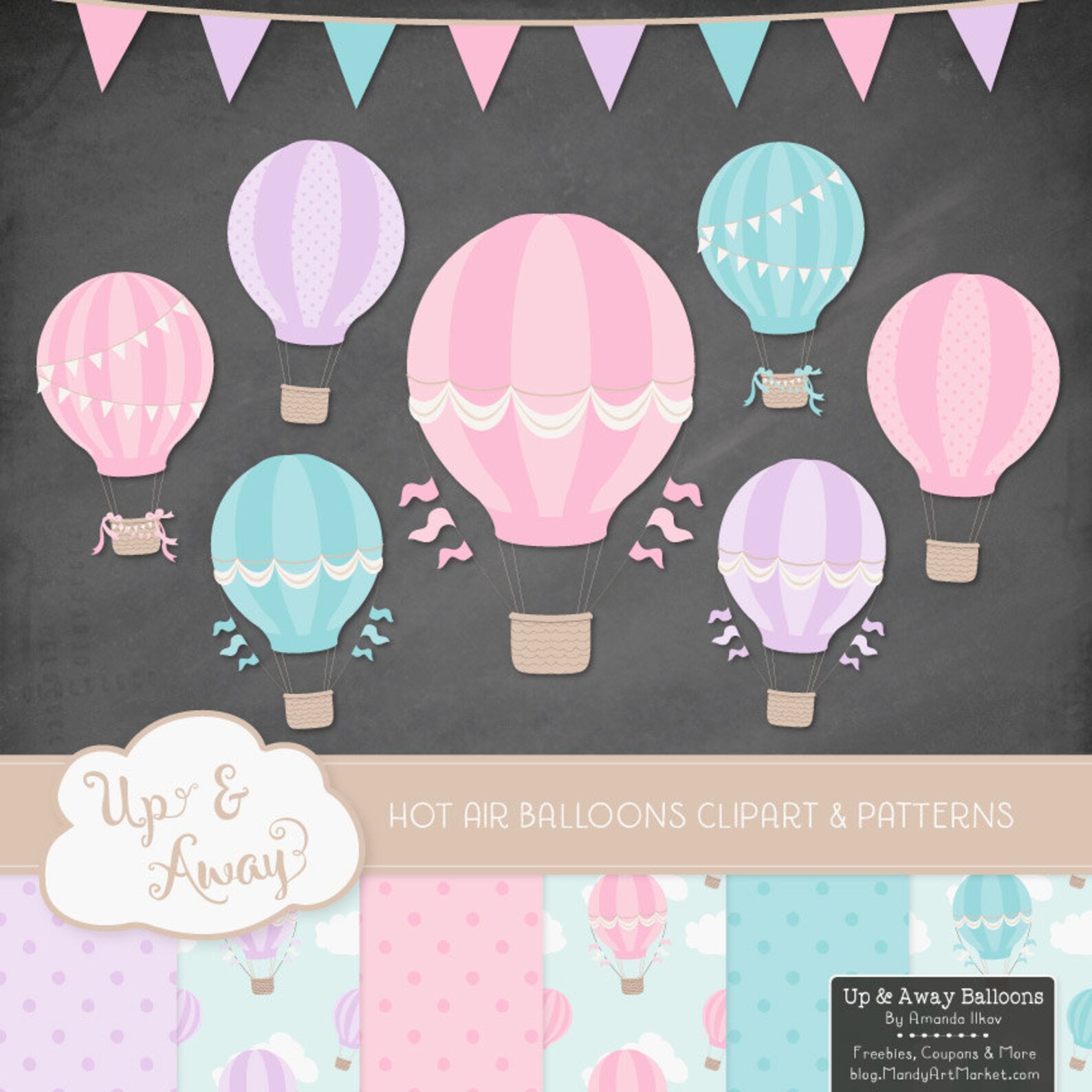 Fresh Girl Hot Air Balloons Clipart With Digital Papers - Bright Hot ...