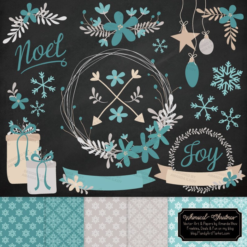 Teal Blue Christmas Wreath Clip Art & Teal Christmas Digital | Etsy