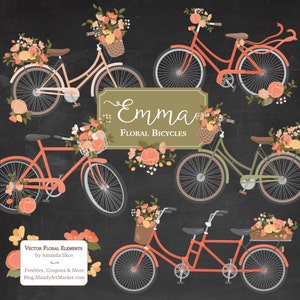 Emma Floral Bicycle Clipart & Vectors in Antique Peach - Peach Bicycles ...