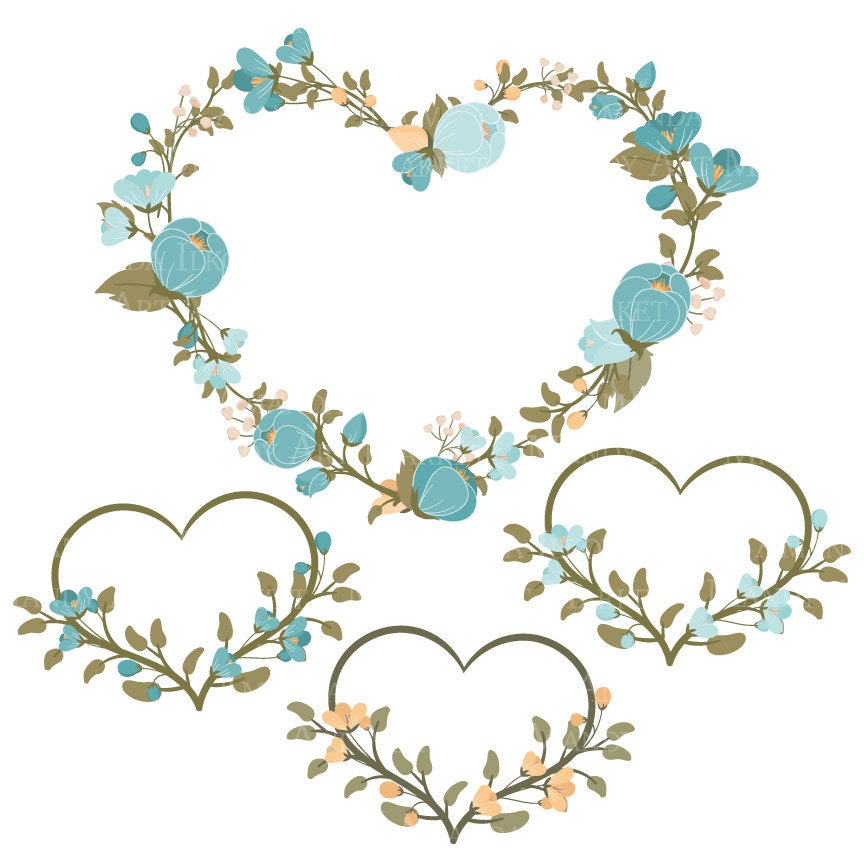 Emma Floral Heart Clipart & Vectors in Vintage Blue - Teal Flowers ...