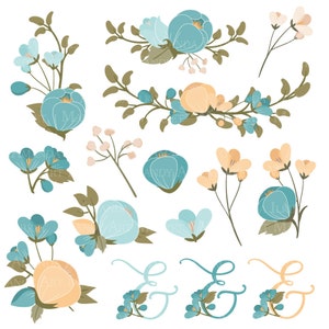 Emma Floral Heart Clipart & Vectors in Vintage Blue - Teal Flowers ...