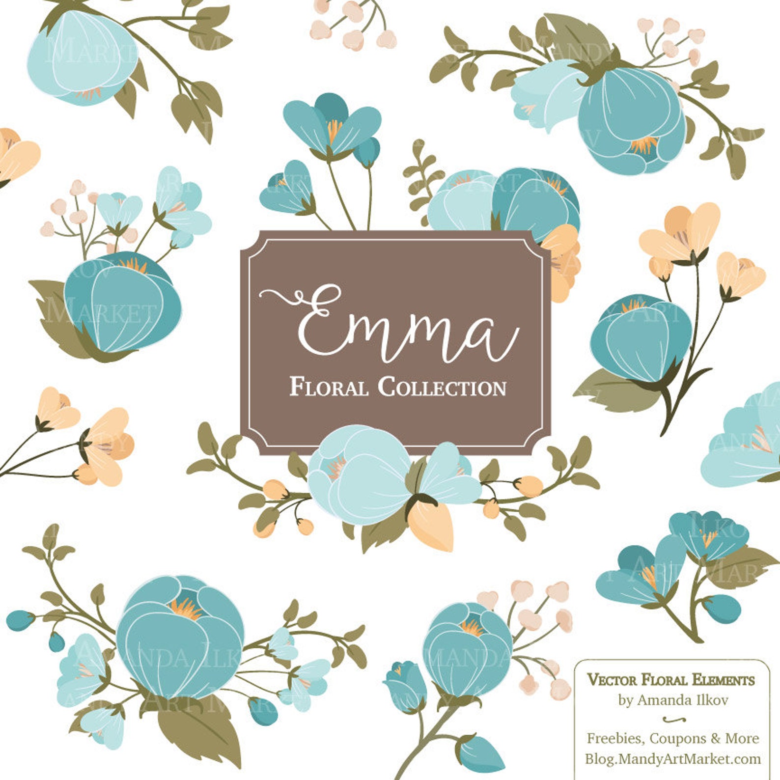 Emma Floral Bunches Clipart & Vectors Vintage Flowers Teal - Etsy