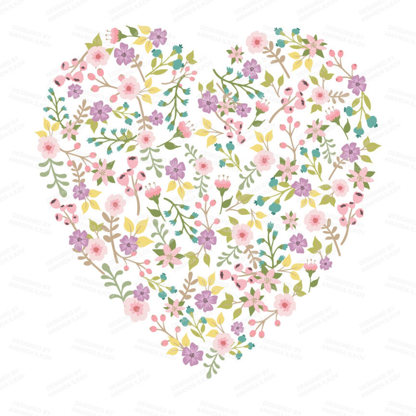 Professional Floral Heart Clipart & Vectors Floral Heart - Etsy