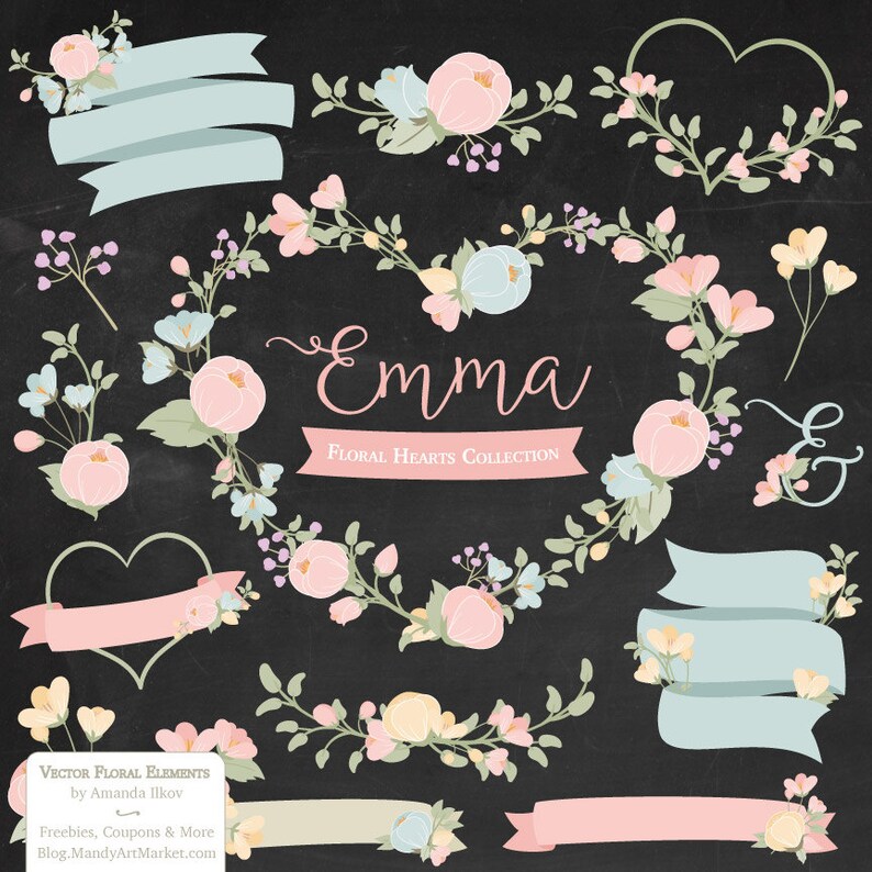 Emma Floral Heart Clipart & Vectors in Grandmas Garden - Pastel Flowers ...