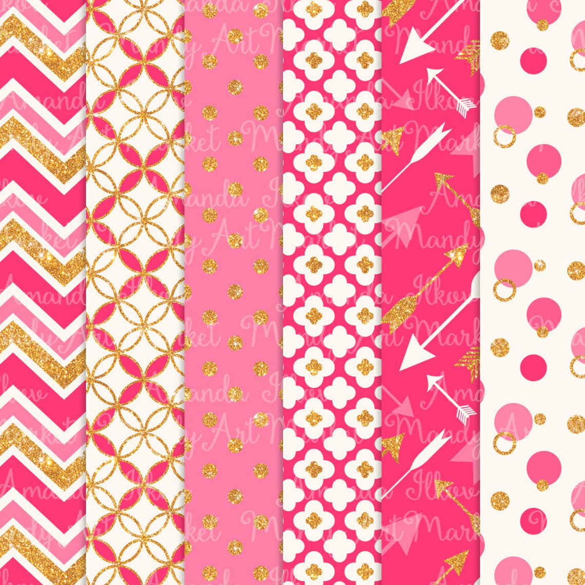 Premium Boho Gold Glitter Digital Paper in Hot Pink - Gold Digital ...