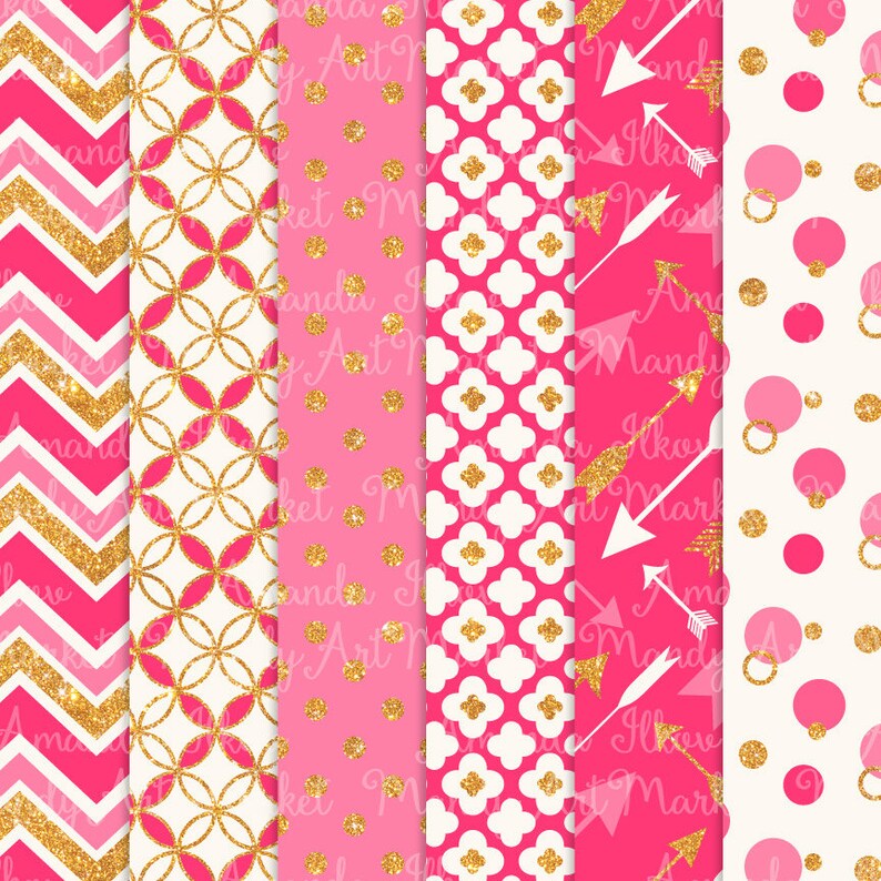Premium Boho Gold Glitter Digital Paper in Hot Pink - Gold Digital ...