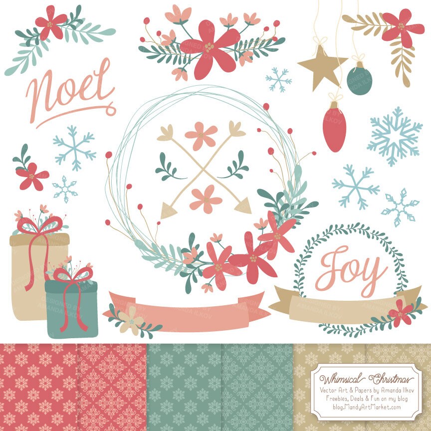 Premium Floral Christmas Clip Art & Digital Papers Christmas - Etsy