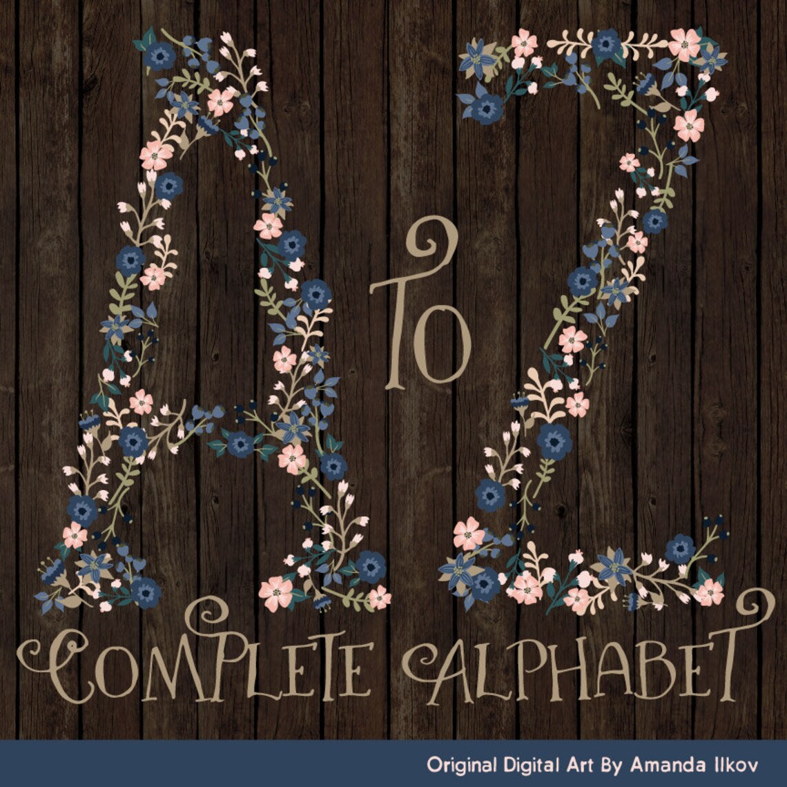 Professional Floral Alphabet Clipart & Vectors - Navy Floral Monogram ...