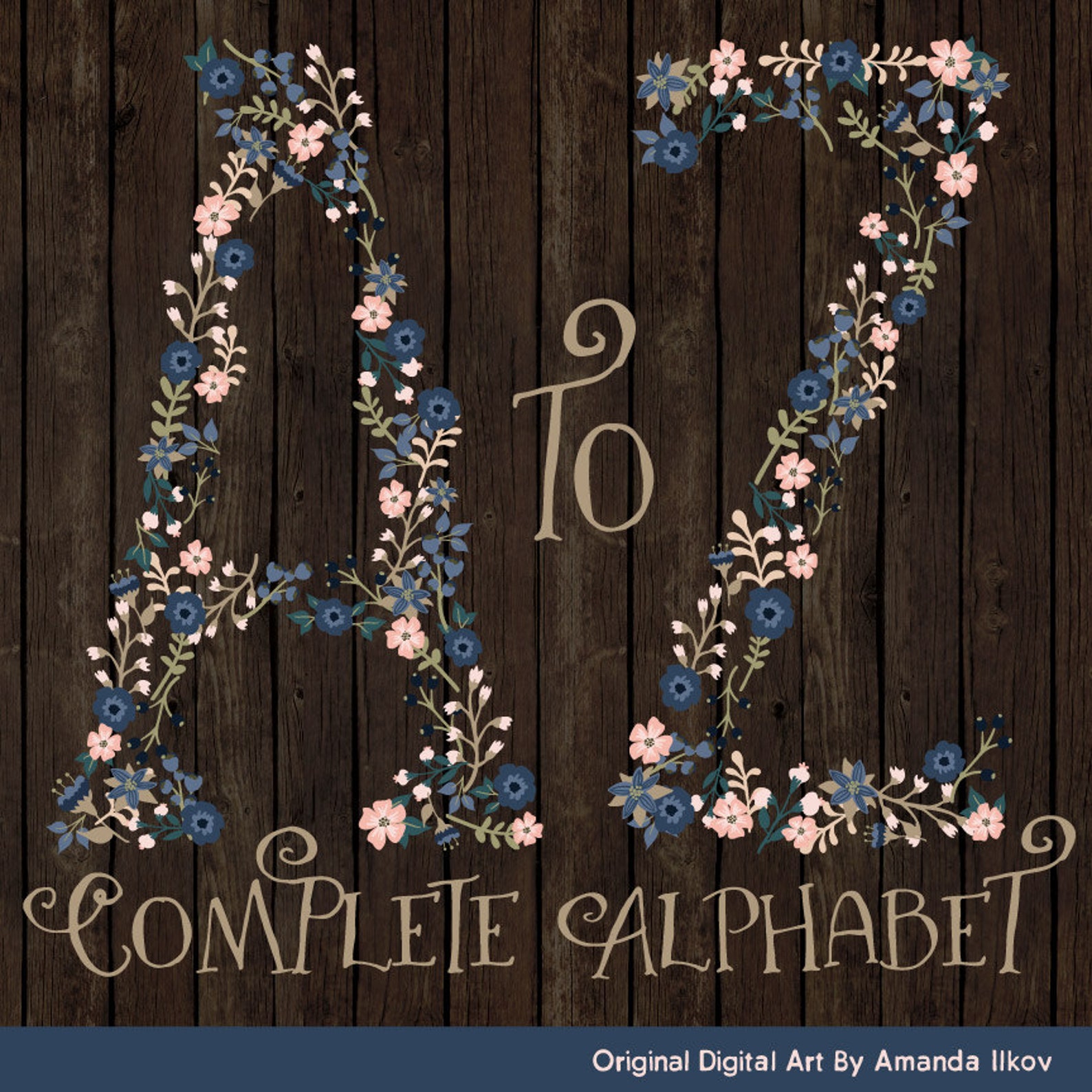 Professional Floral Alphabet Clipart & Vectors Navy Floral Monogram ...