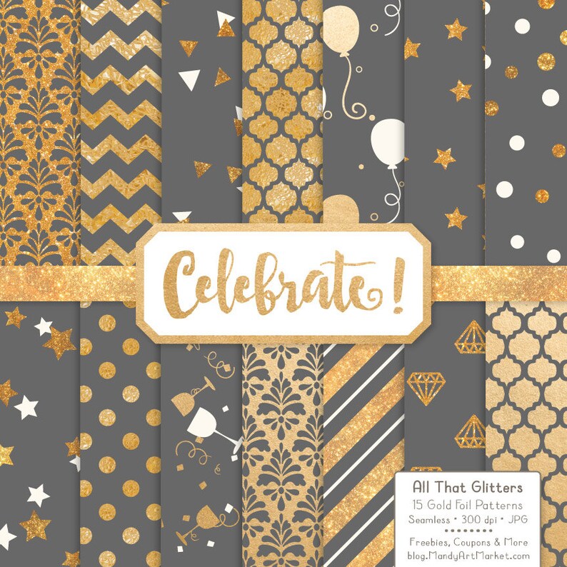 Celebrate Gold Foil Digital Papers in Grey Party Patterns | Etsy