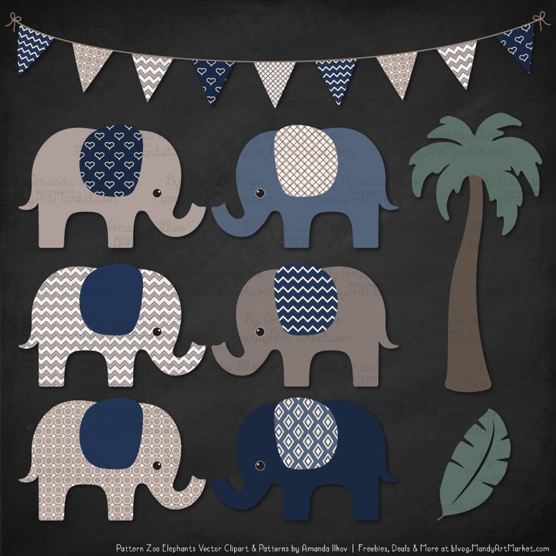 Patterned Navy Elephants Clipart and Digital Papers Navy - Etsy