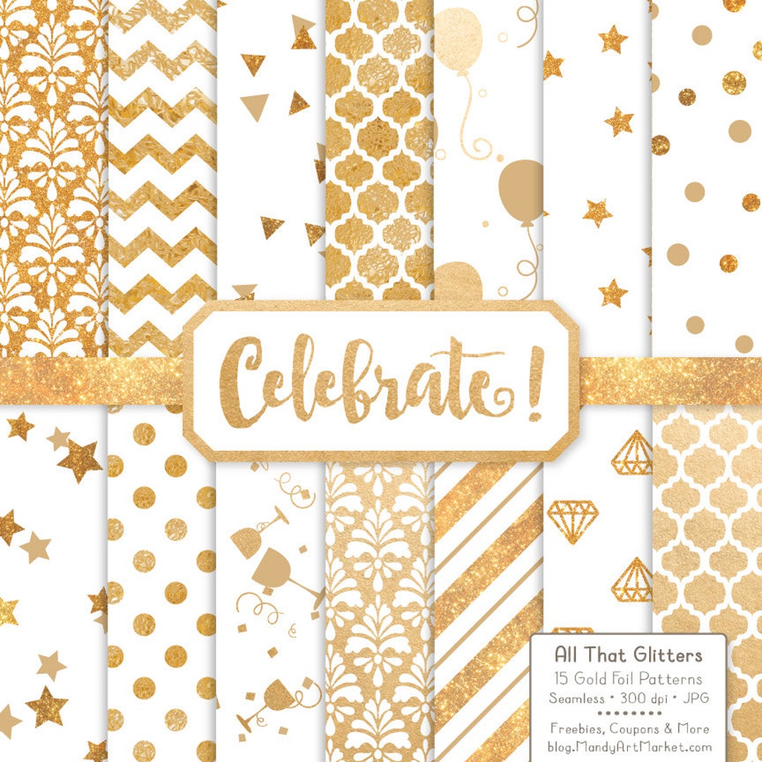 Premium Gold Foil White Digital Papers Party Patterns, Party Digital ...