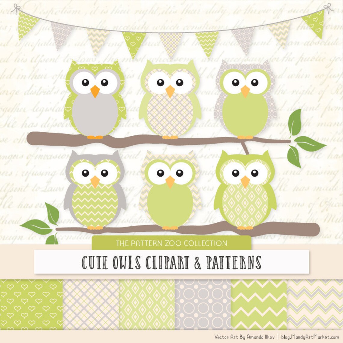 Patterned Bamboo Owls Clipart and Digital Papers Green Owl - Etsy