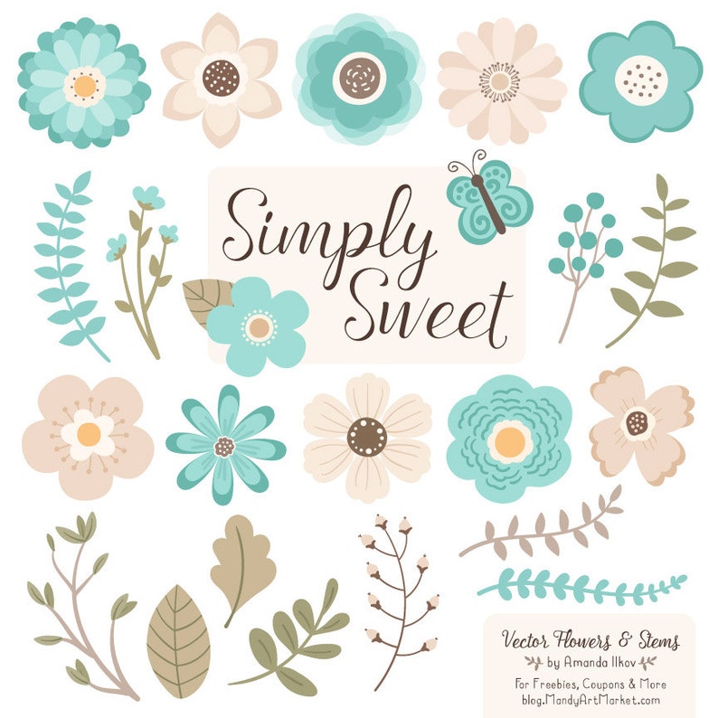 Cute Flowers Clipart in Aqua Aqua Vector Flowers Aqua - Etsy