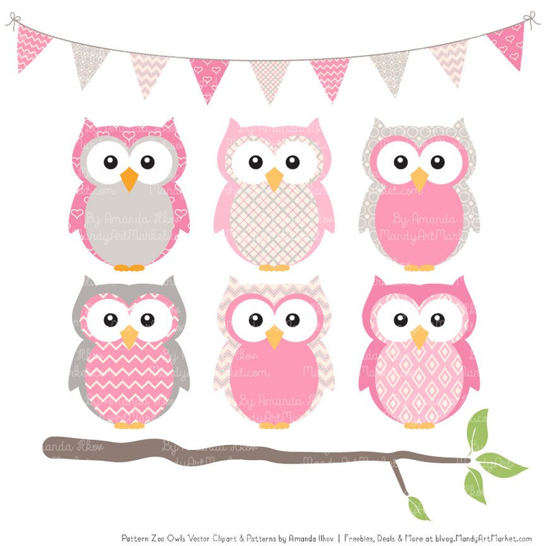 Patterned Pink Owls Clipart and Digital Papers Pink Owl | Etsy