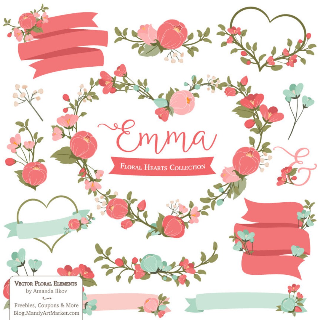 Emma Floral Heart Clipart & Vectors in Mint and Coral Mint Flowers ...