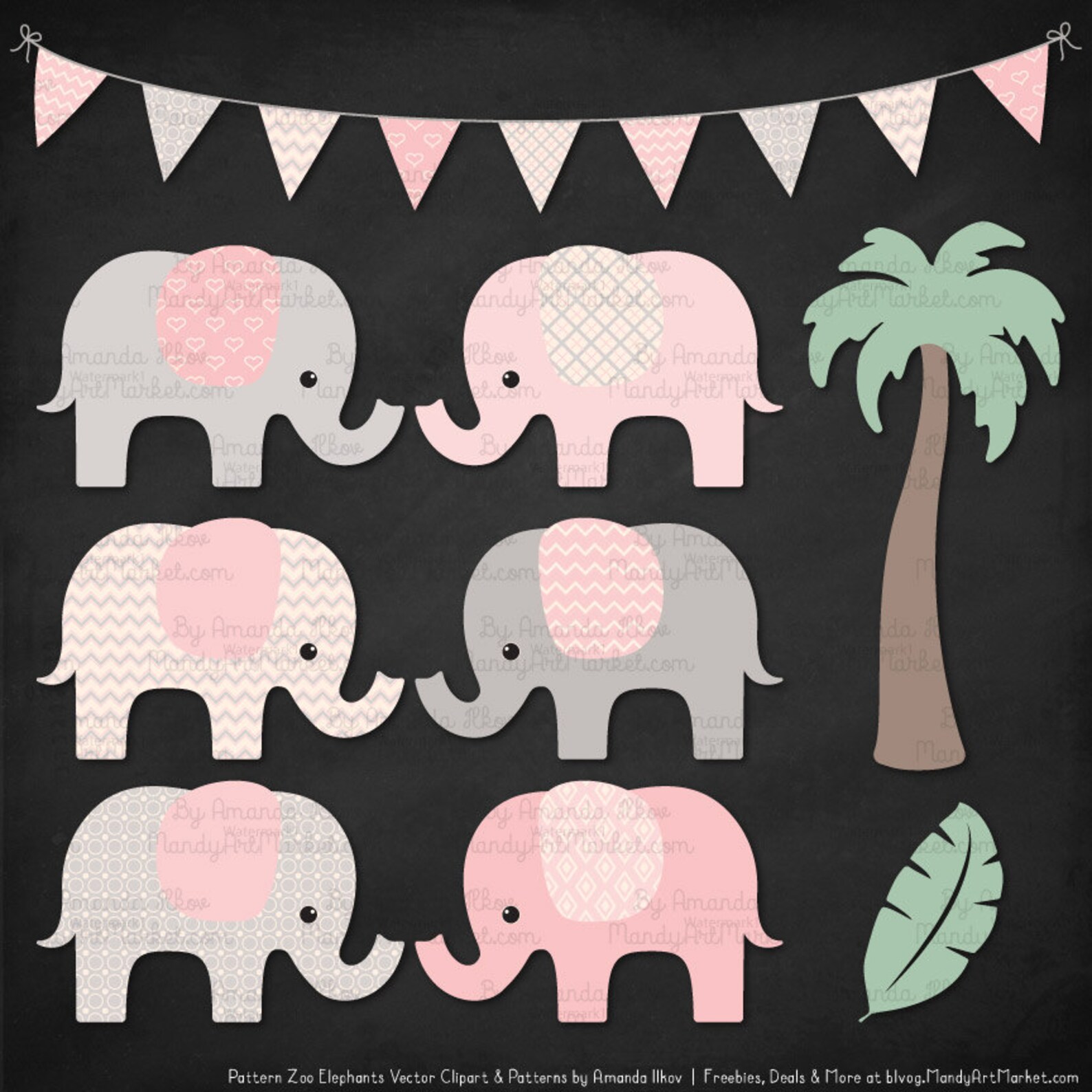 Patterned Soft Pink Elephants Clipart and Digital Papers - Soft Pink ...