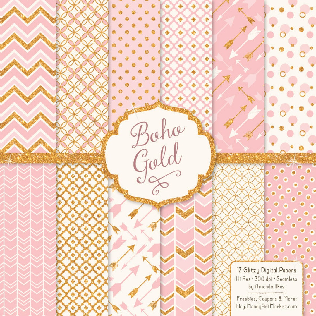 Premium Boho Gold Glitter Digital Paper in Soft Pink - Gold Digital ...