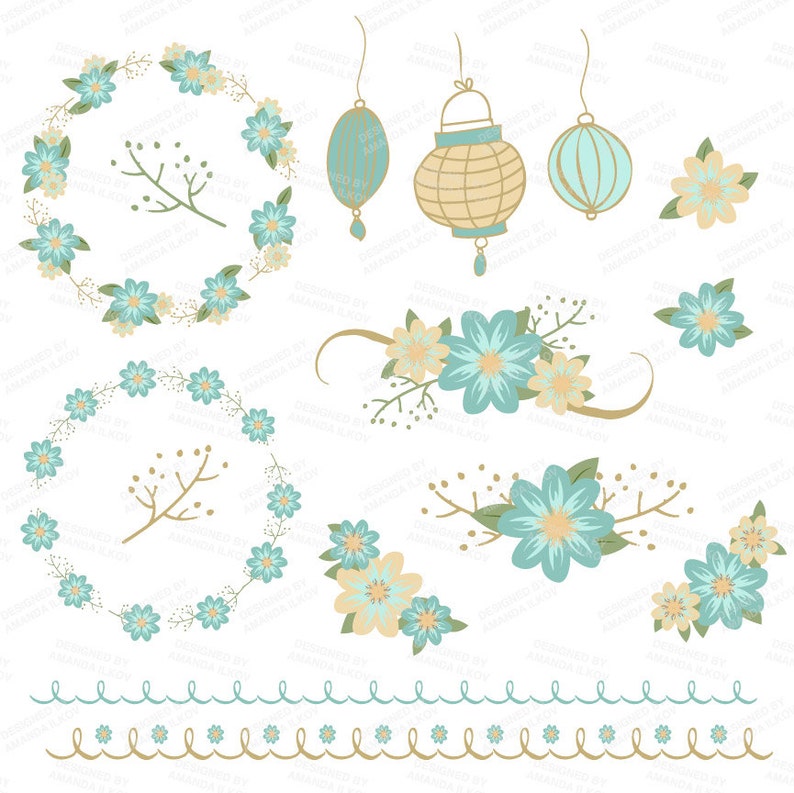 Vintage Blue Floral Party & Wedding Clip Art Vectors Flower | Etsy