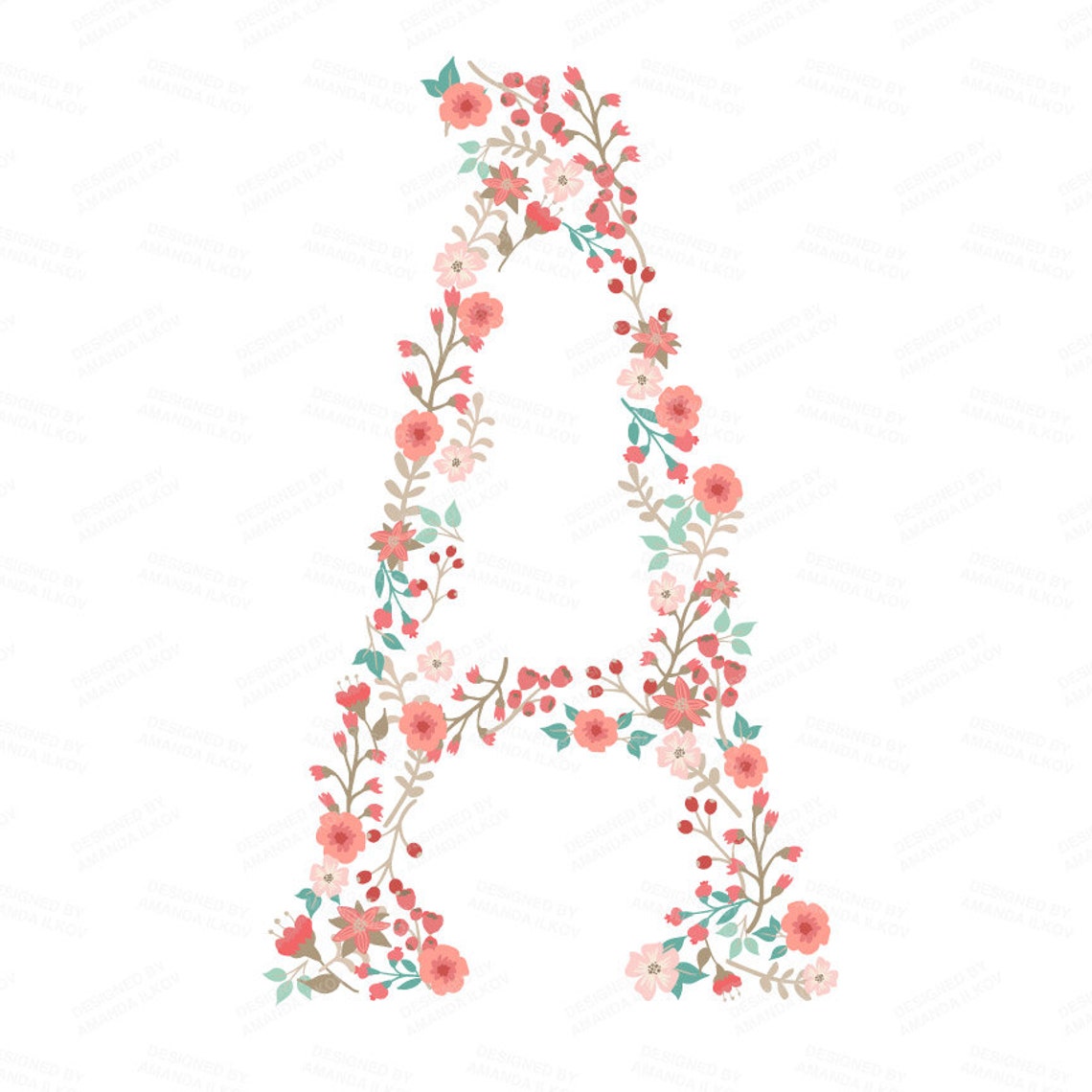 Professional Floral Alphabet Clipart & Vectors Coral and | Etsy