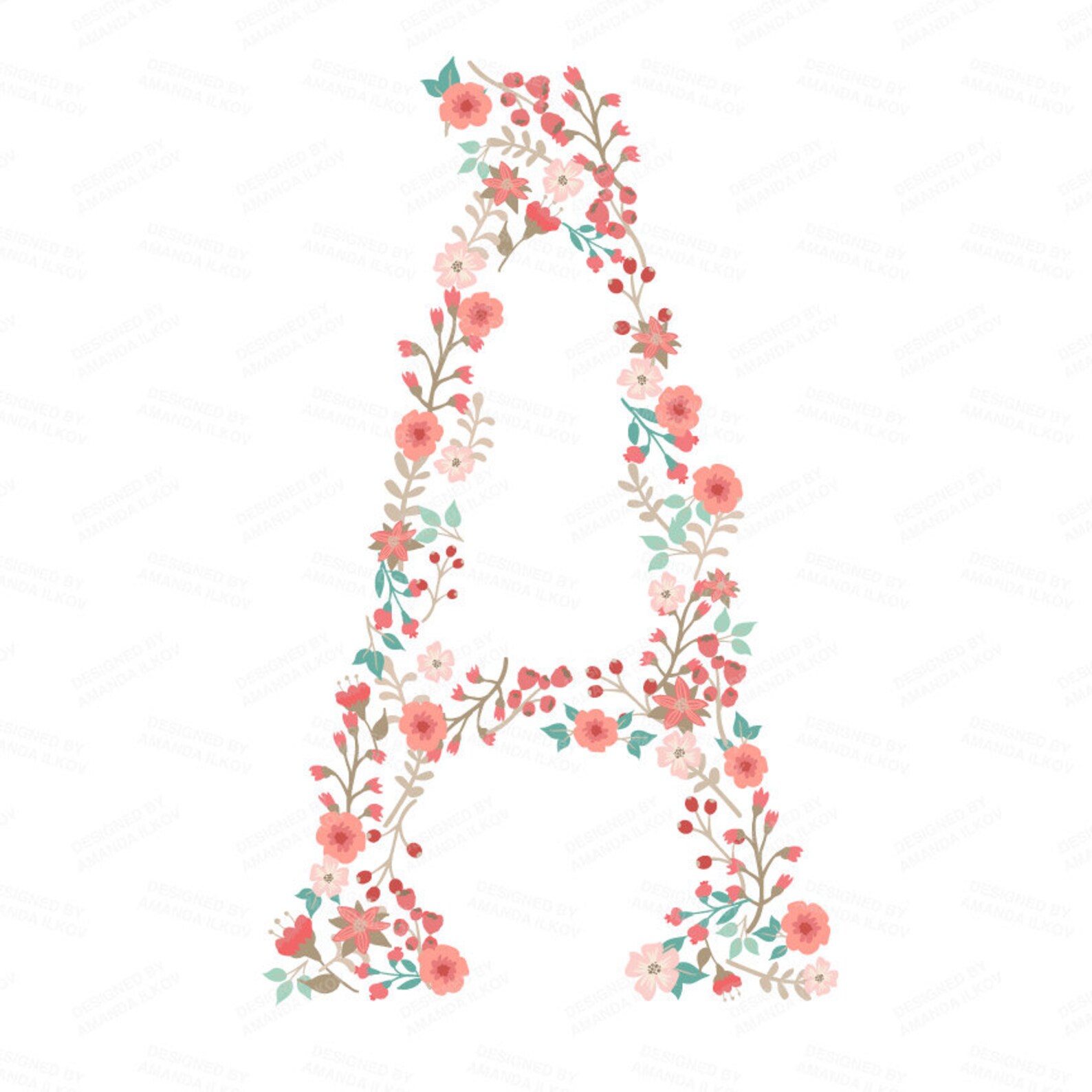 Professional Floral Alphabet Clipart & Vectors Coral and - Etsy