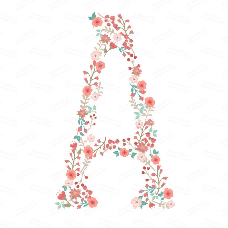 Professional Floral Alphabet Clipart & Vectors - Coral and Mint Floral ...