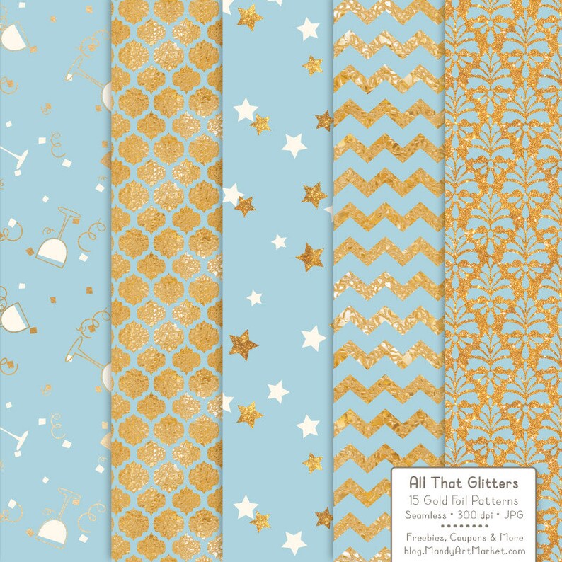 Premium Gold Foil Soft Blue Digital Papers party patterns | Etsy