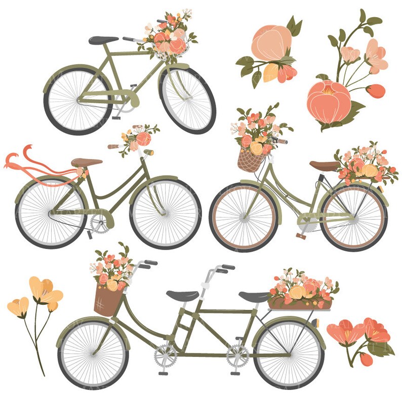 Emma Floral Bicycle Clipart & Vectors in Antique Peach Peach | Etsy