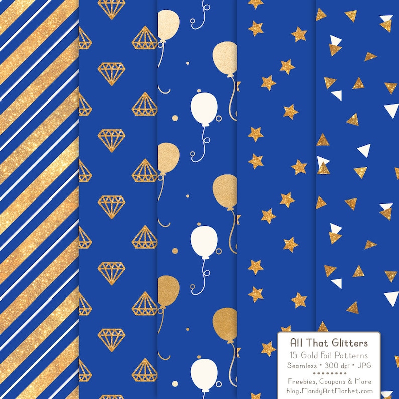 Premium Gold Foil Royal Blue Digital Papers - Party Patterns, Party ...
