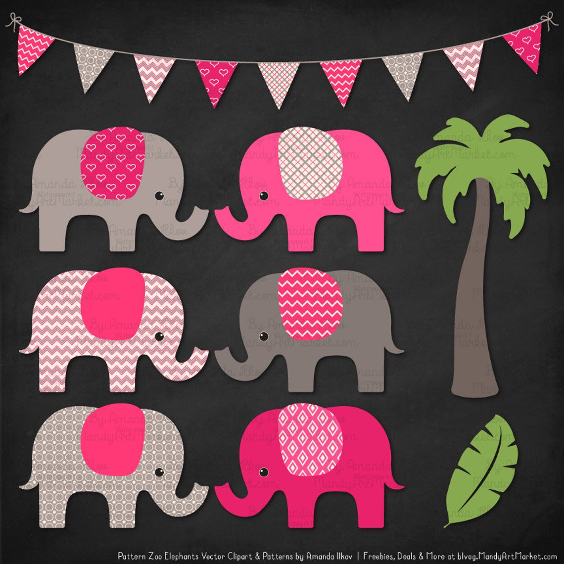 Patterned Hot Pink Elephants Clipart and Digital Papers - Pink Elephant ...