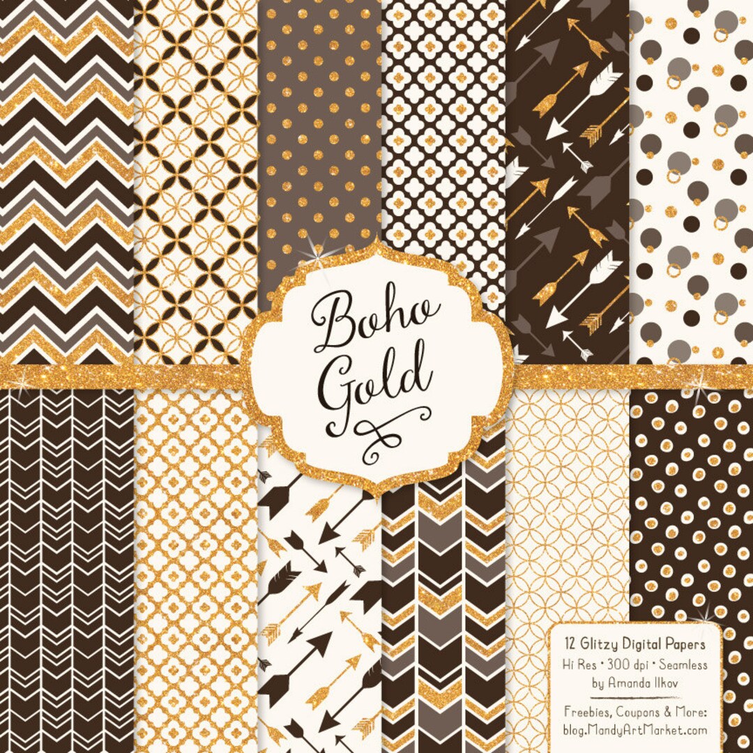 Premium Boho Gold Glitter Digital Paper in Chocolate - Gold Digital ...