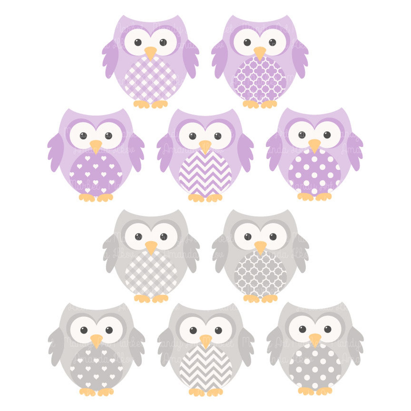 Premium Owl Clipart, Vectors & Digital Papers in Lavender With Grey ...