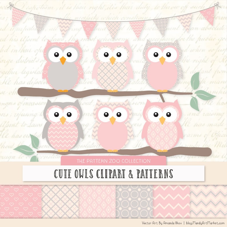 Patterned Soft Pink Owls Clipart and Digital Papers - Soft Pink Owl ...