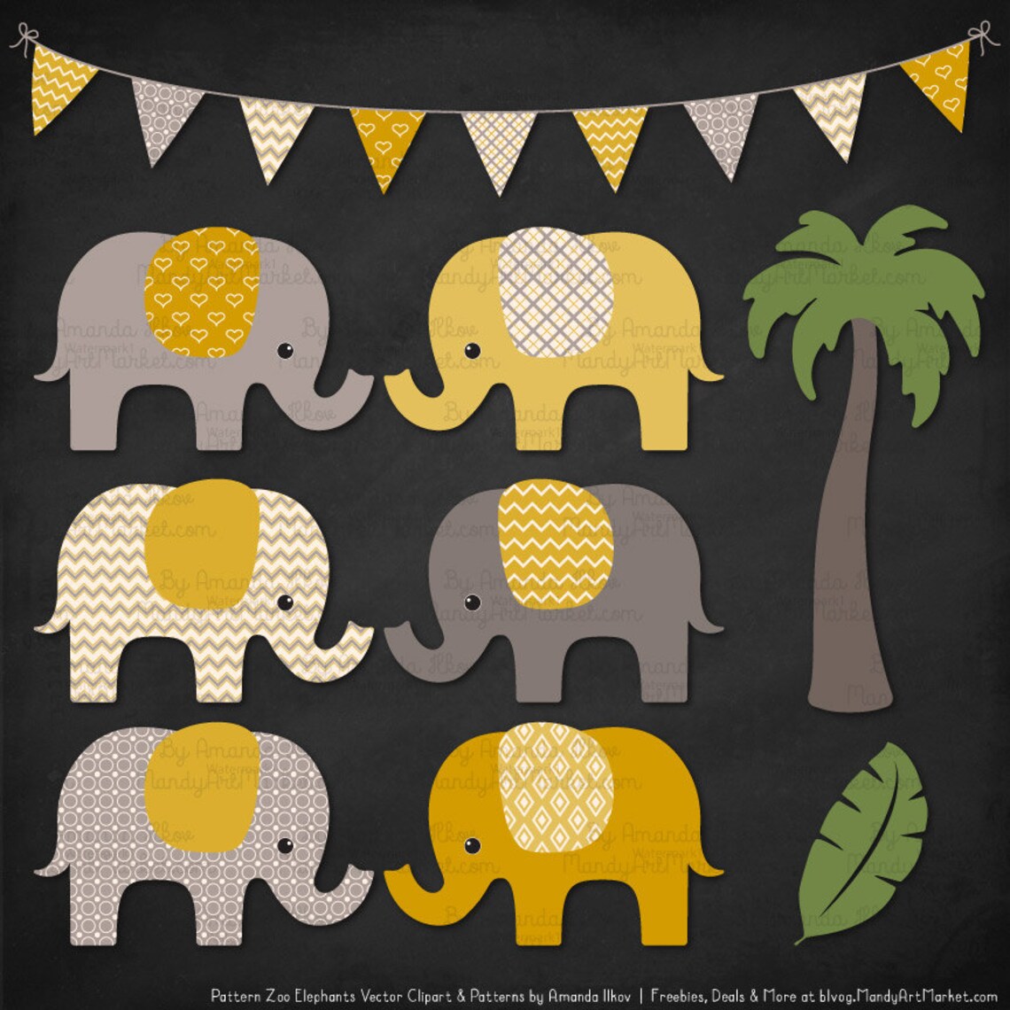Patterned Mustard Elephants Clipart and Digital Papers - Yellow ...