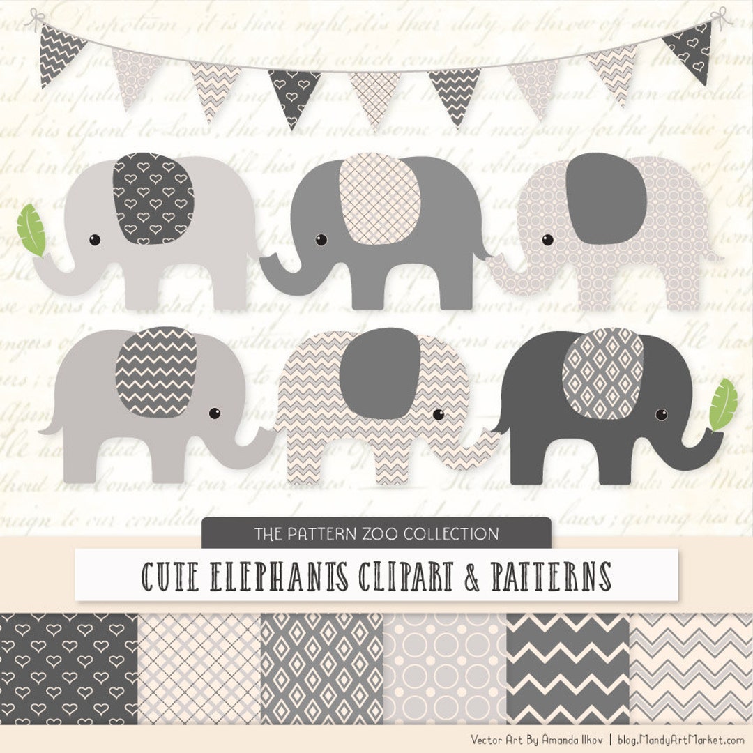 Patterned Grey Elephants Clipart and Digital Papers Grey - Etsy