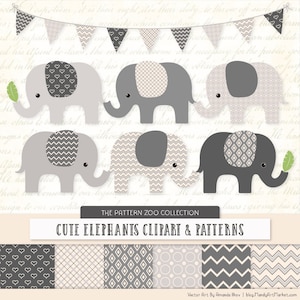 Patterned Grey Elephants Clipart and Digital Papers Grey - Etsy