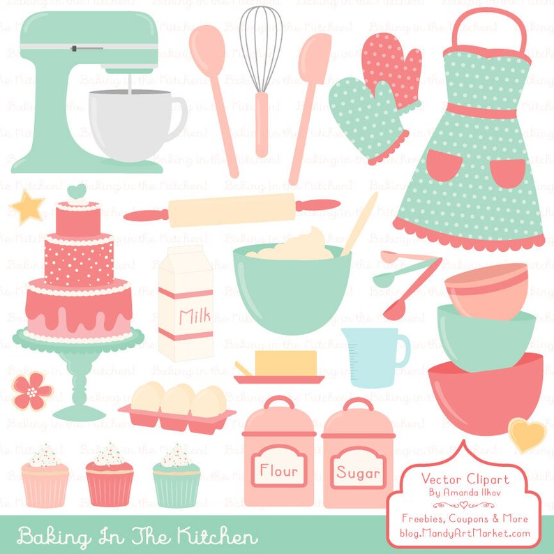 Professional Baking Clipart & Vectors in Mint and Coral - Kitchen ...