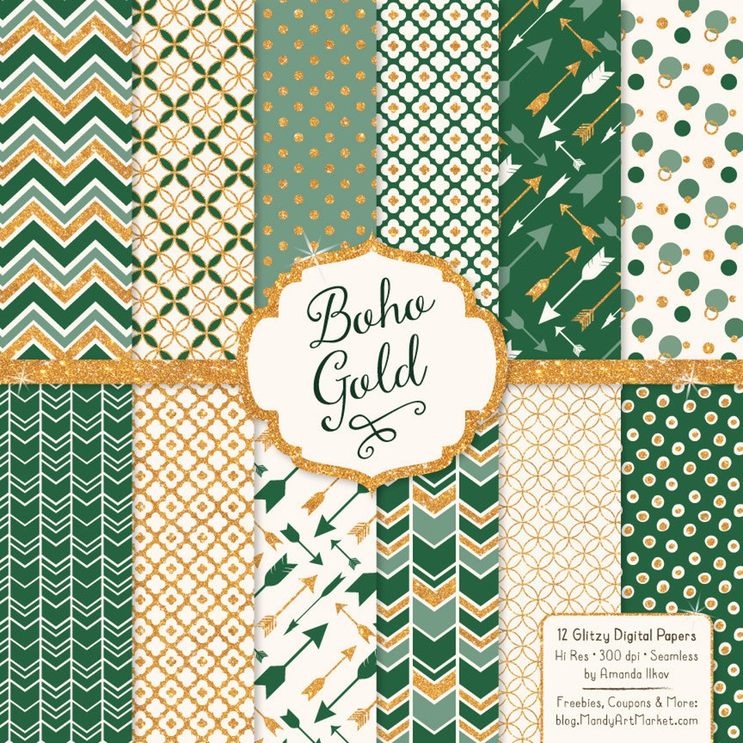Premium Boho Gold Glitter Digital Paper in Emerald Green Gold Digital ...