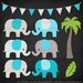 Patterned Tropical Blue Elephants Clipart and Digital Papers - Blue ...