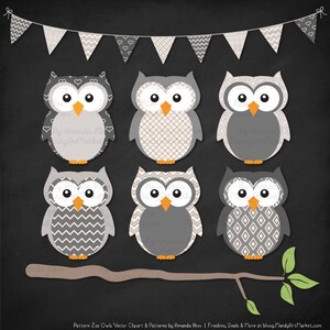 Patterned Grey Owls Clipart and Digital Papers - Grey Owl Clipart, Owl ...